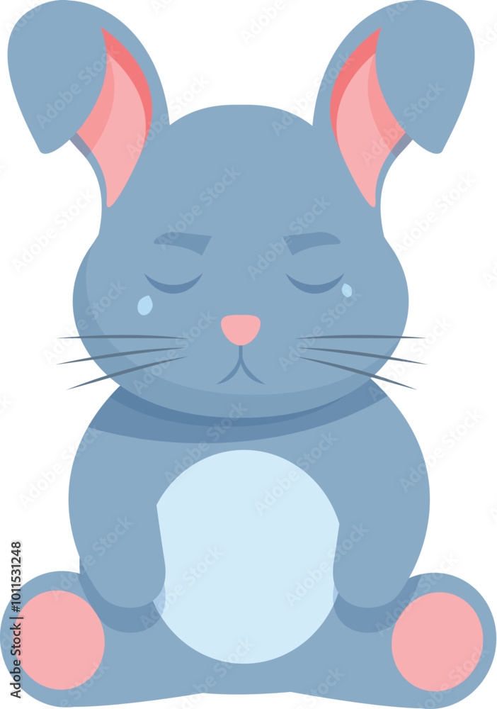 Cartoon blue bunny sitting and crying with closed eyes, feeling sad and ...