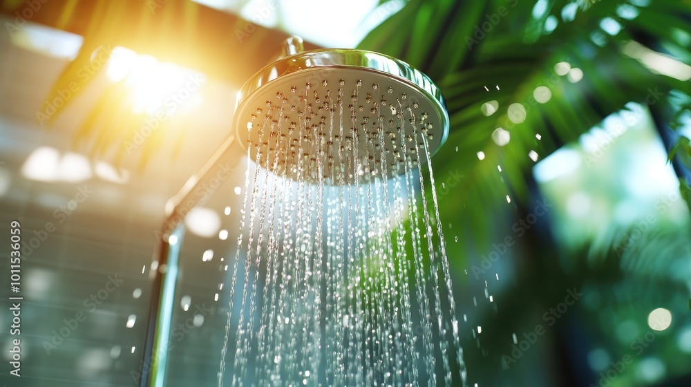 Shower head depicted in a bathroom setting with bright sunlight and ...