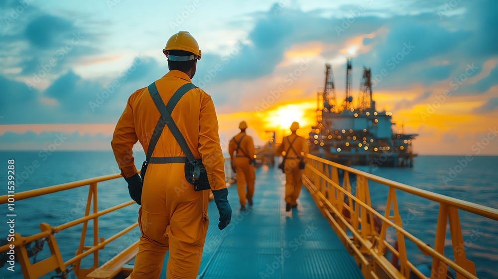 Workers in safety gear walk towards an oil rig during a stunning sunset ...