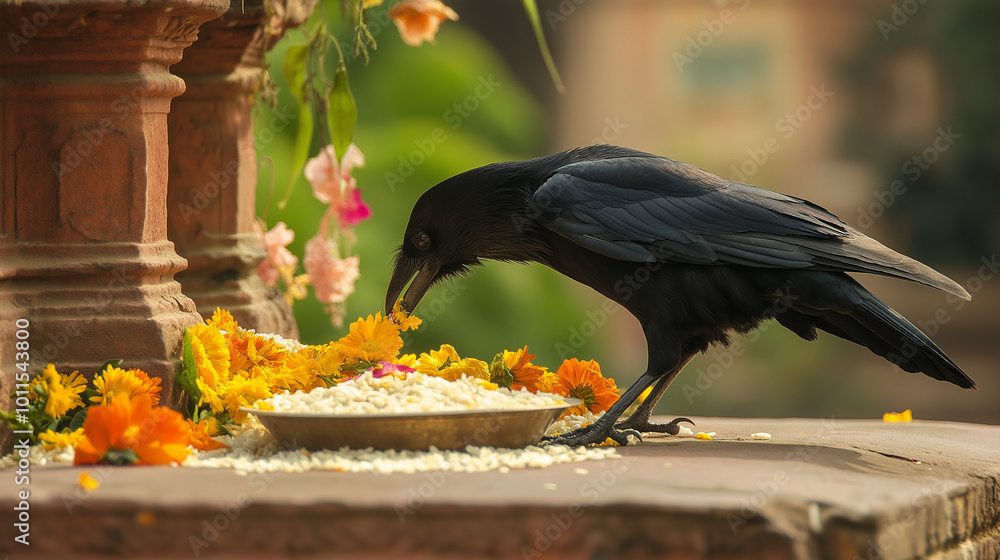 crow eats rice offerings during the Pitru Paksha ritual, representing ...