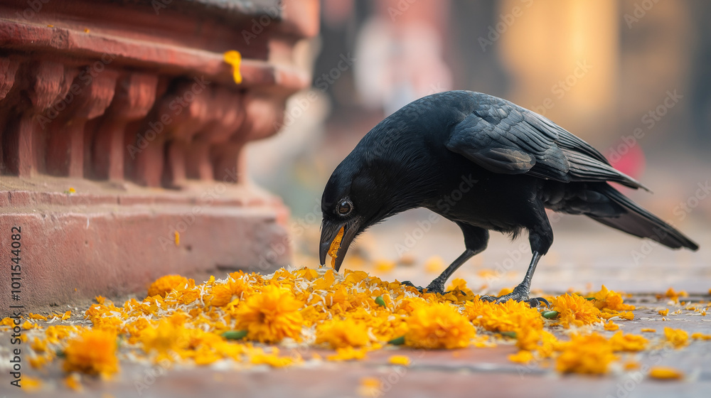 crow eats rice offerings during the Pitru Paksha ritual, representing ...