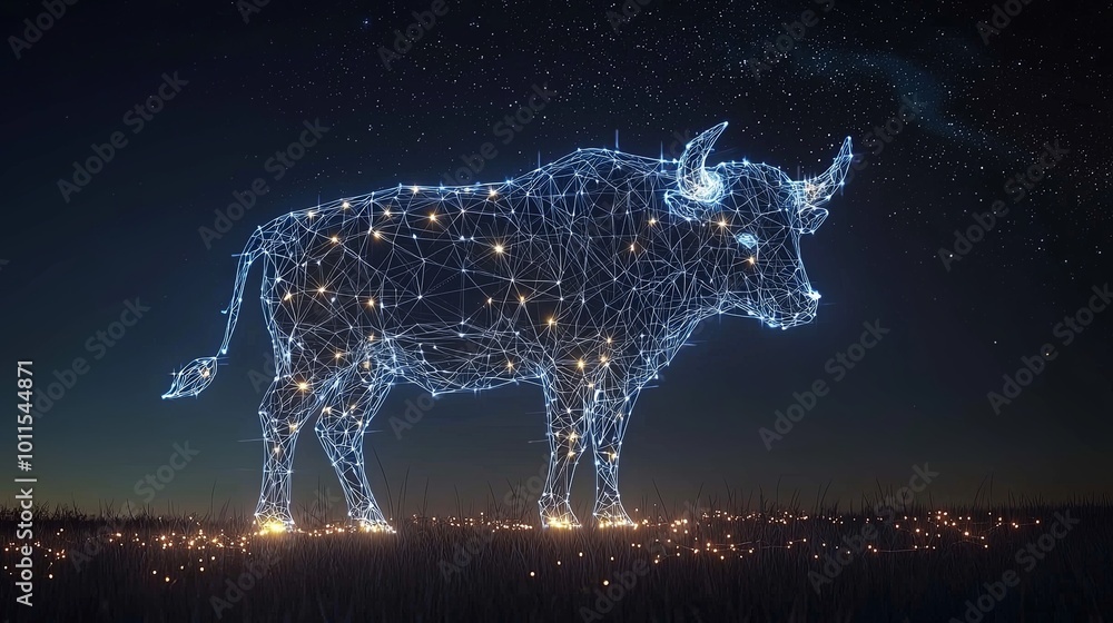 Poster An impressive bull carved from digitized network nodes, gleaming ...