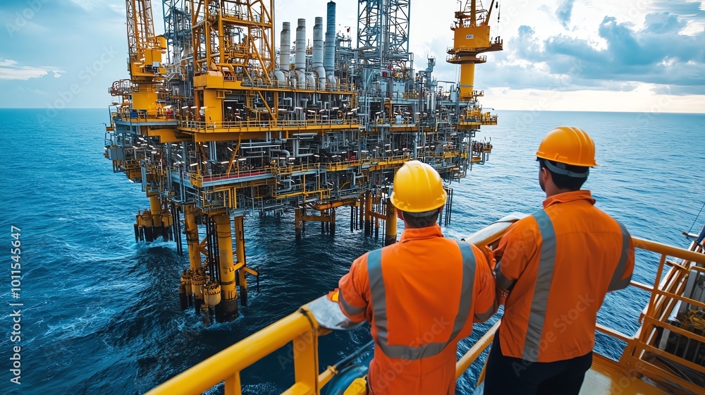 Workers monitor offshore oil rig operations, ensuring safety and ...