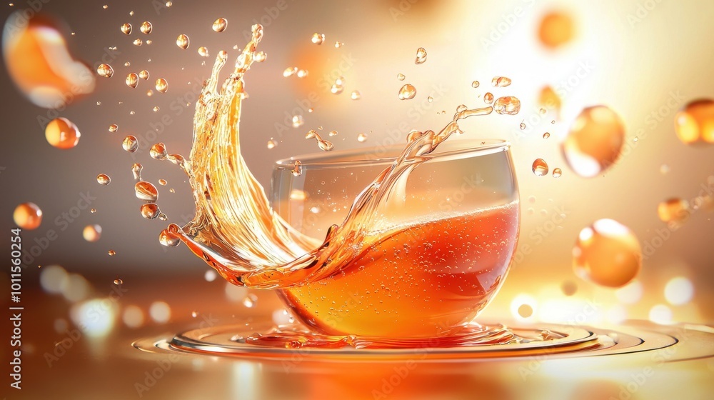 An action shot of soda spilling over the rim of a glass, with droplets ...