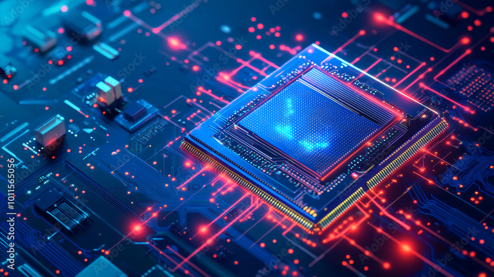 A futuristic AI chip design, with glowing arrows and circuits. This ...