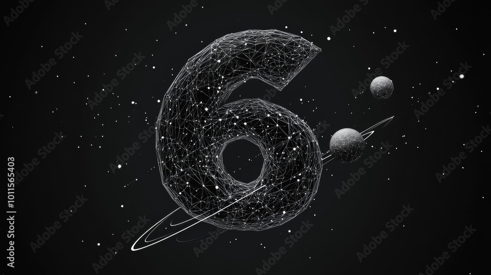 A number "6" made of stars and planets, like a night sky. It's made ...