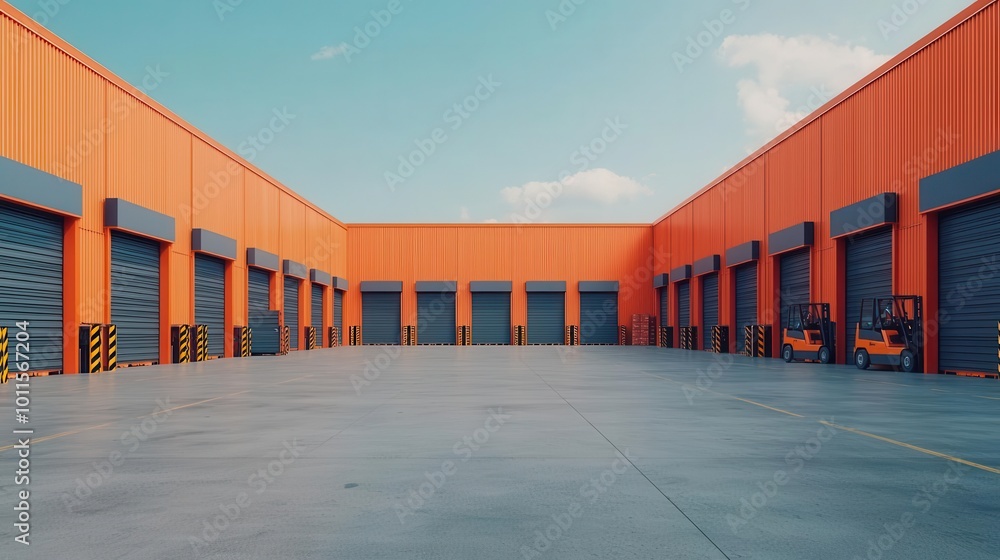 Industrial logistics warehouse with forklifts, pallet racks, and a ...