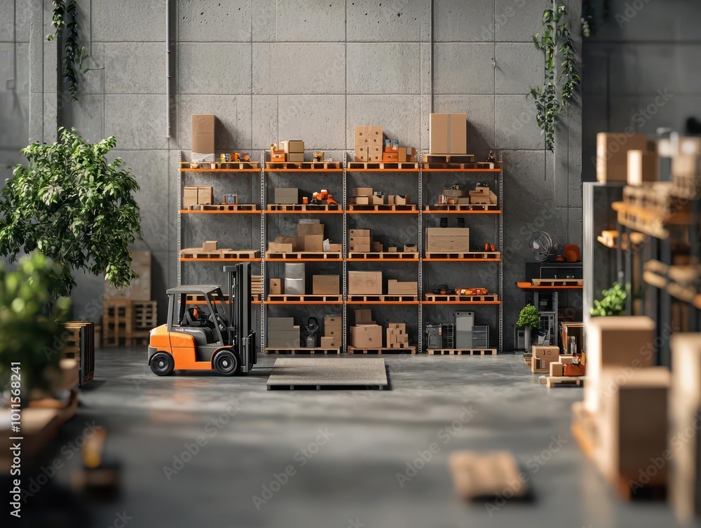 Compact urban warehouse interior with metal shelving, forklifts, and a ...