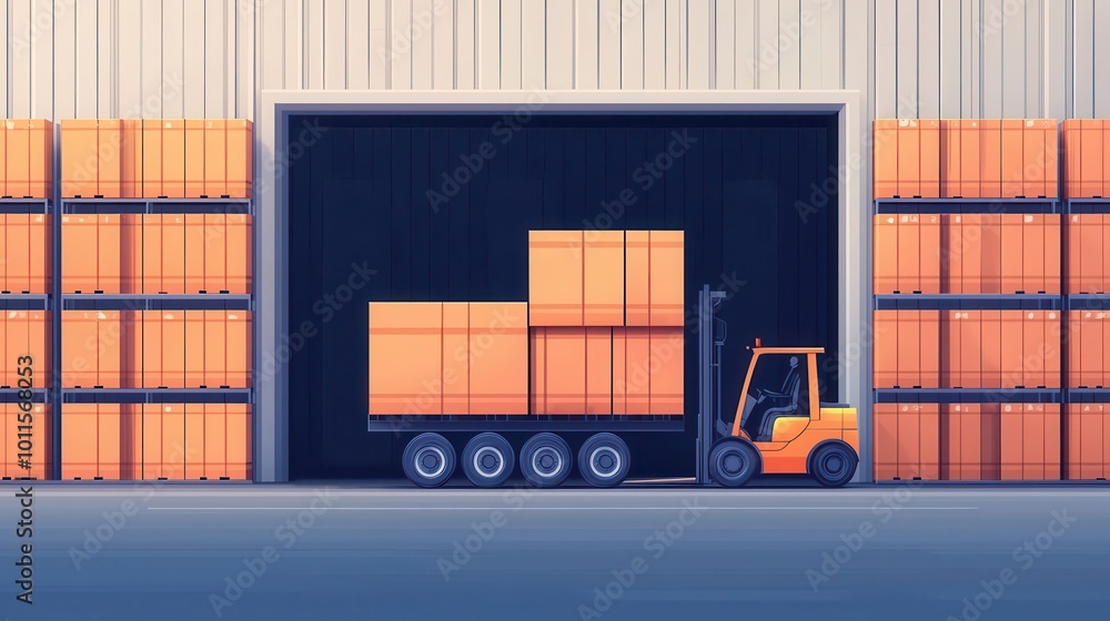 Industrial logistics warehouse with forklifts, pallet racks, and a ...