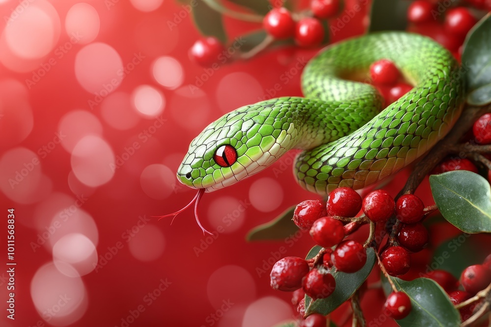 Green Snake on Red Berries A Symbol of the 2025 Chinese Zodiac and New ...
