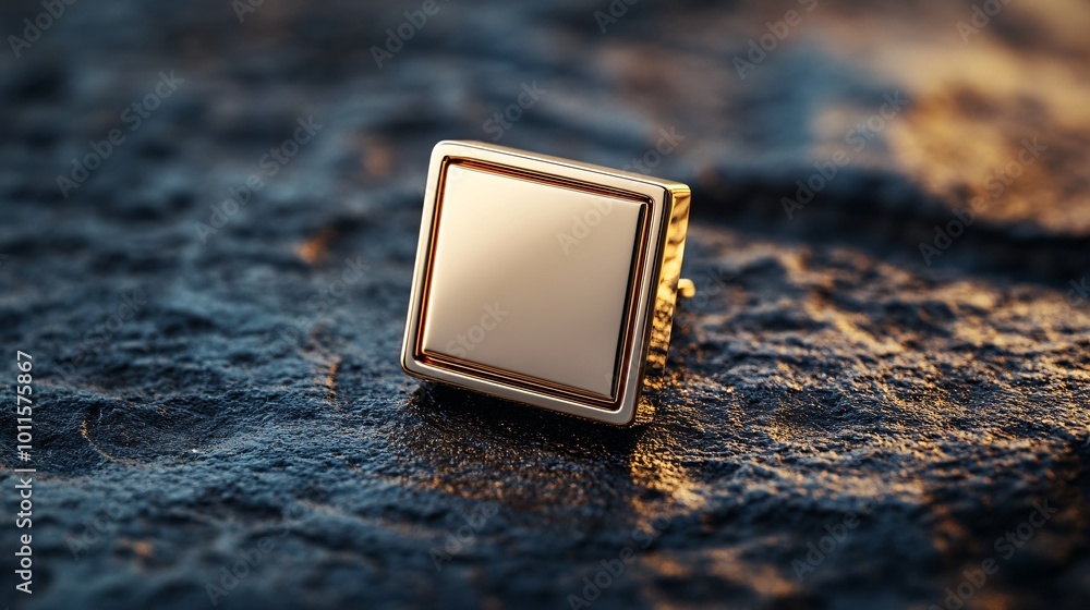 Mock-up of an elegant square enamel pin with a golden clasp, showing a ...