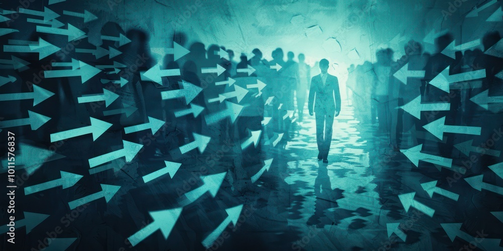 An illustrated concept of a leader guiding a team of people toward ...