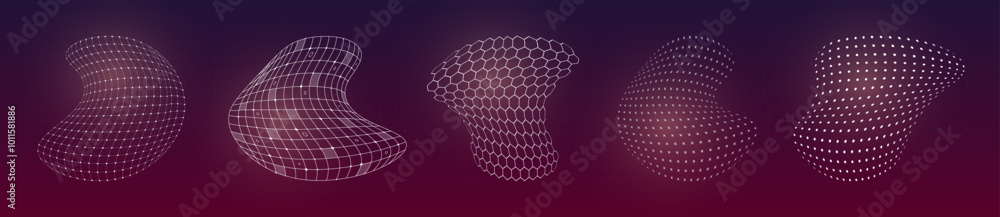 HUD futuristic distorted 3D elements surface grid set. Digital UI ...