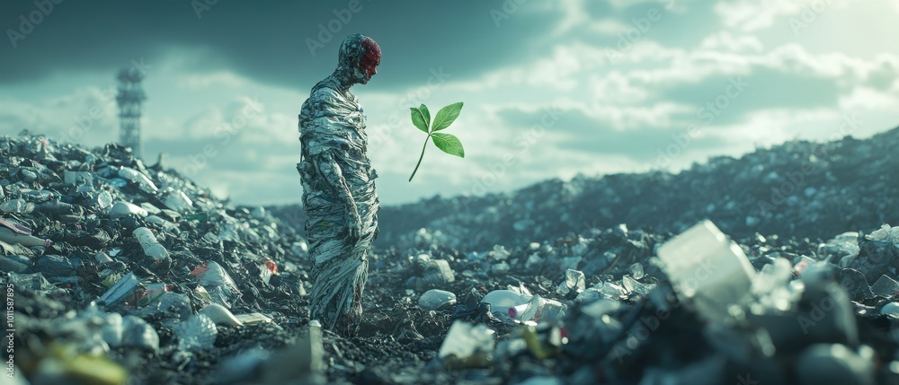 Create a character wrapped in plastic waste, standing in a desolate ...