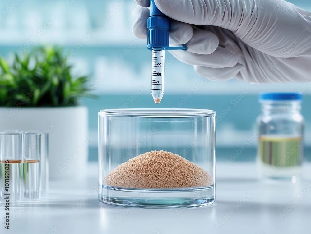 Lab technician placing sand particles into permeability test device ...