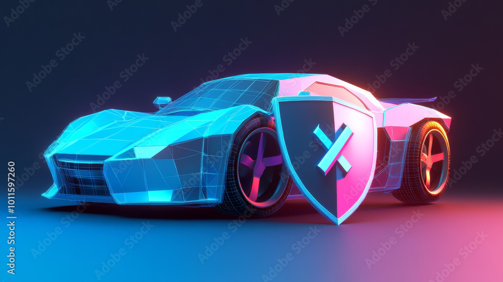 A sporty car is protected by a shield with a checkmark, symbolizing ...