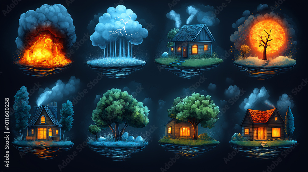 Weather infographic with icons showing thunder, lightning, wind, rain ...