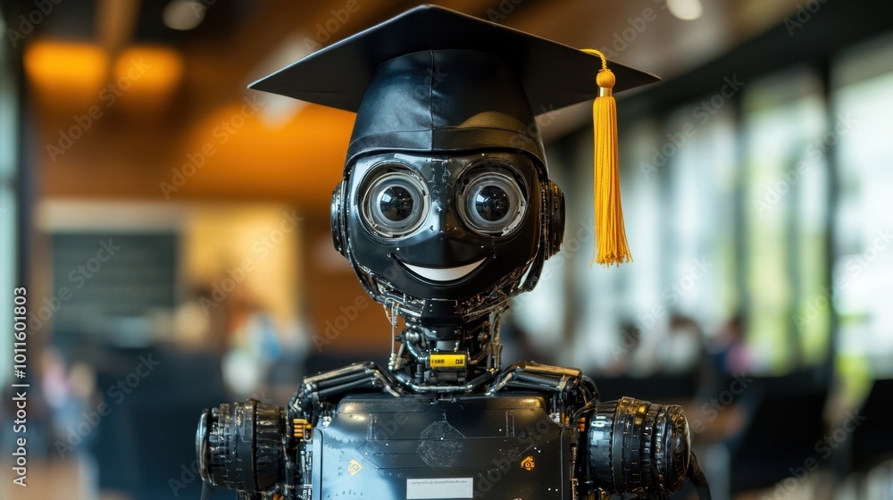AI robot wearing a graduate cap graduated from university, artificial ...