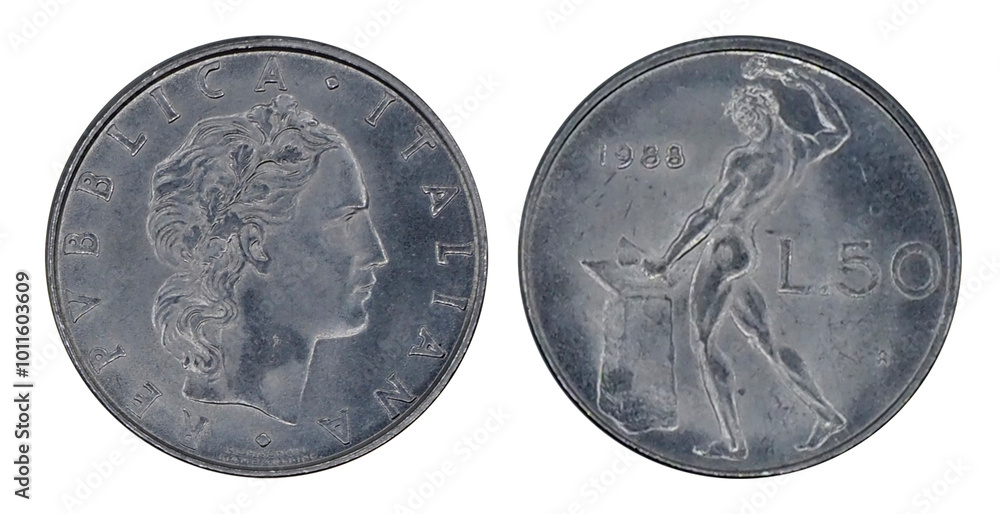 Old vintage Italy coin year 1988, 50 lire with symbol of woman head ...
