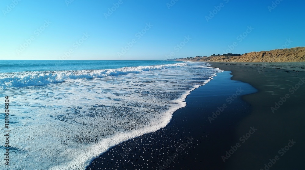 Beautiful coastline, black sand beaches, and surfers riding waves under ...