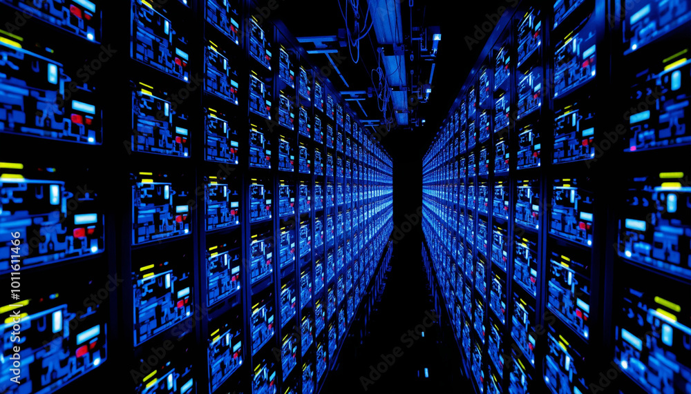 The image shows a long corridor in a data center with rows of servers ...