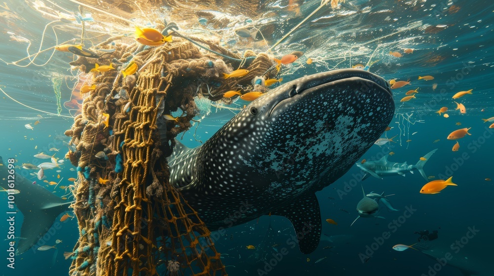 Haunting underwater scene of marine life entangled in fishing net ...