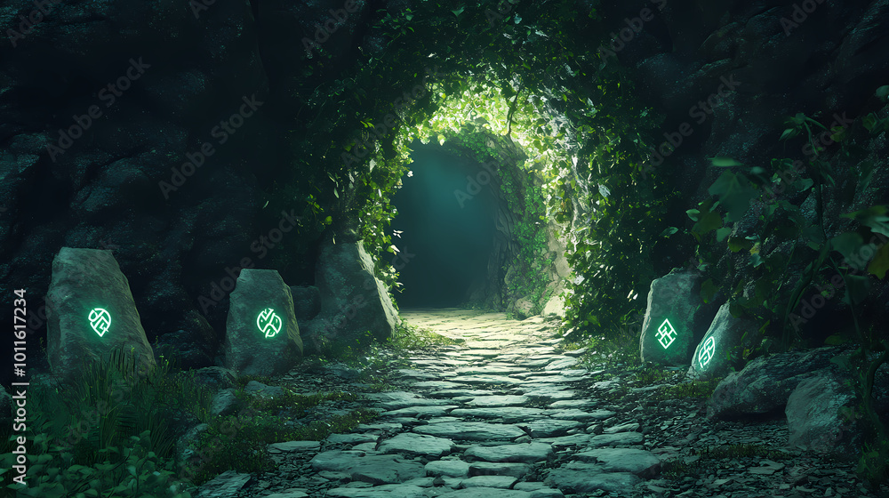 Ancient stone tunnel adorned with glowing runes and enchanted vines ...