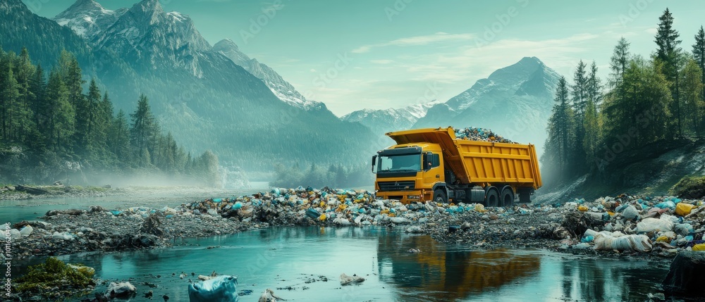 Photo & Art Print Create a realistic wallpaper showing a giant garbage ...