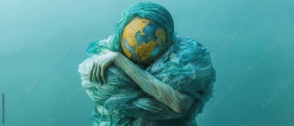 Poster Design a sad character wrapped in layers of plastic bags ...