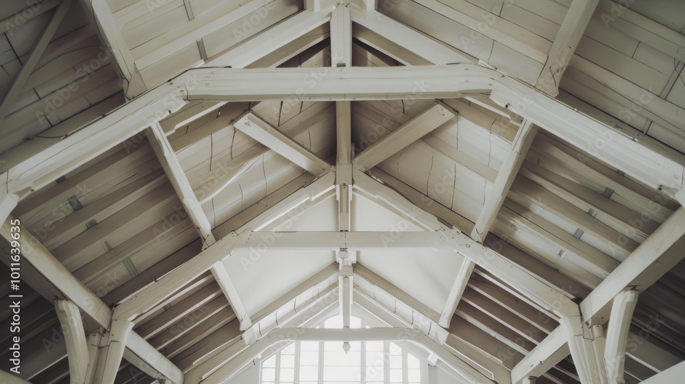 A close-up of a bright and airy wooden roof structure in a well-lit ...