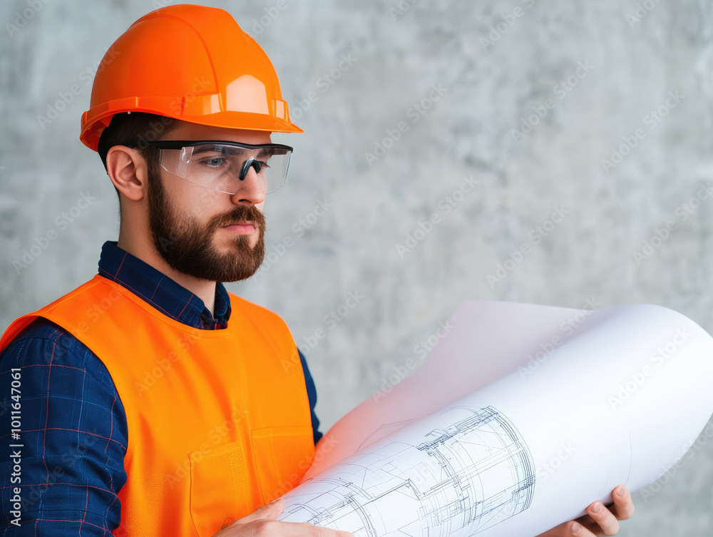 Engineer examining blueprints, assessing product design against quality ...