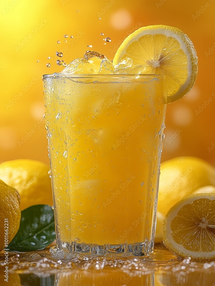 Vaso alto de limonada fresca con hielo y una rodaja de limón decorando ...