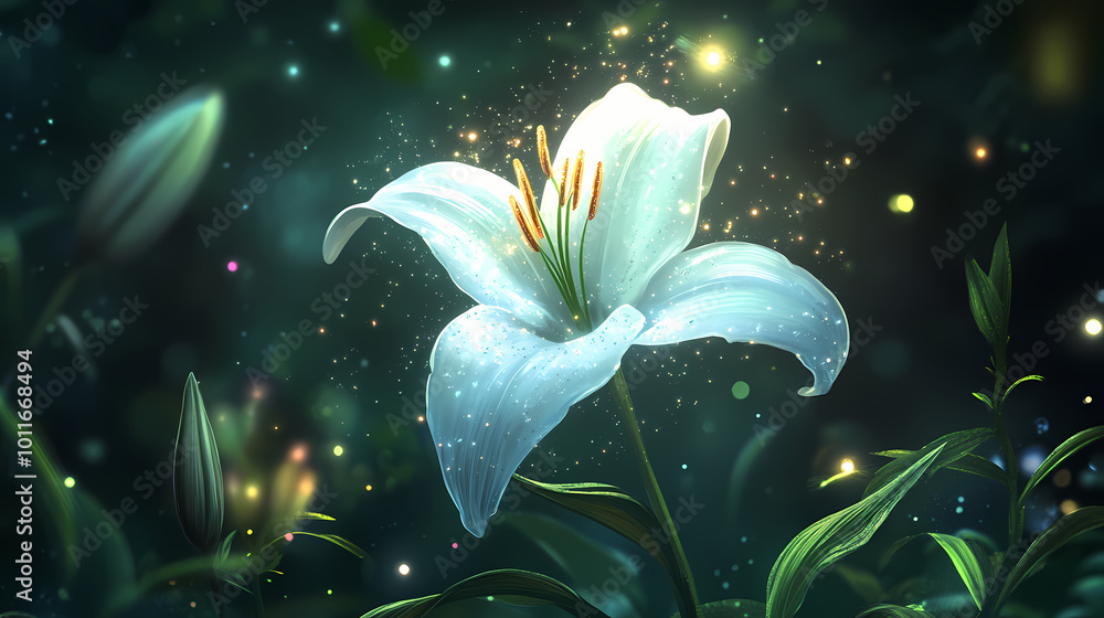 Magic shining lily flower with sparkling petals and ethereal glow in ...