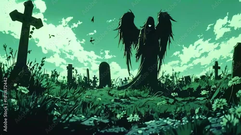 The Angel of Death stands still, shadow moves graveyard, bringing decay ...