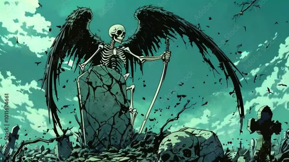 The Angel of Death emerges from thick, fog, gravestones. Its eyes glow ...