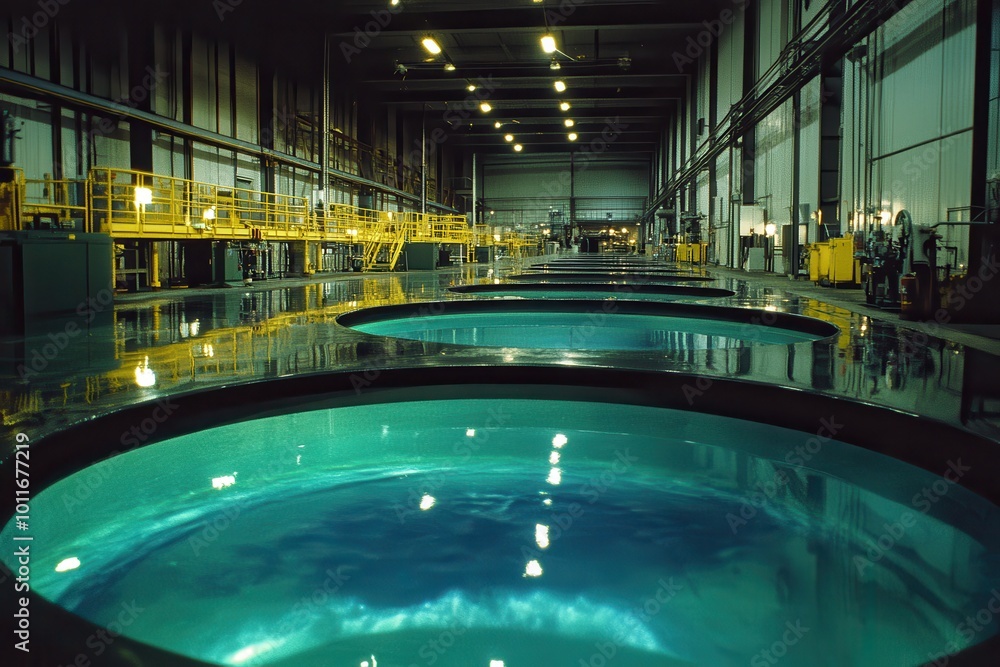 Large water treatment plant with glowing blue liquid in tanks ...