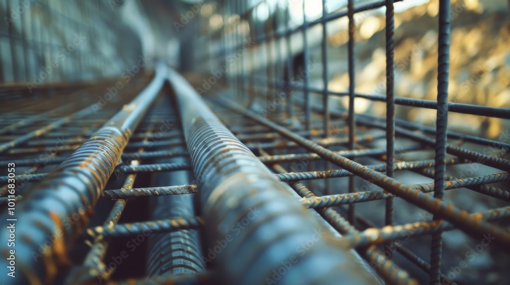 Close-up of steel rebar intersecting in a complex grid, capturing the ...