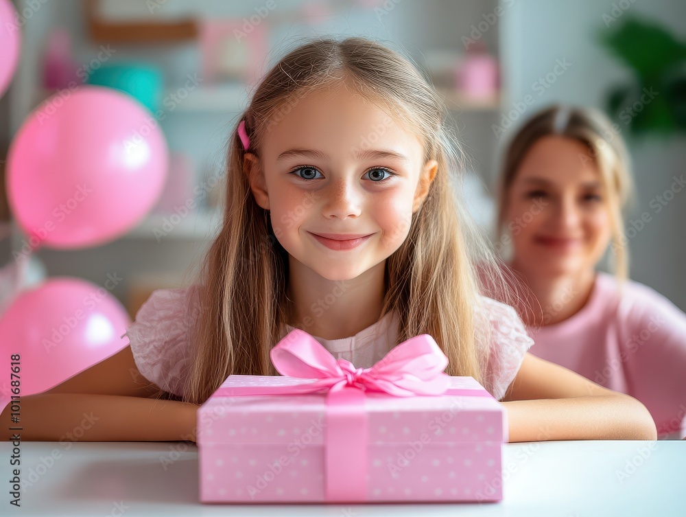 Portrait of a young girl smiling with a gift box in a pink-themed party ...