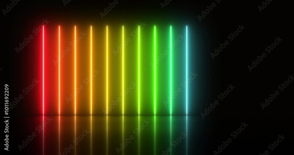 4k video animation of glowing vertical neon lines in rainbow colors on ...