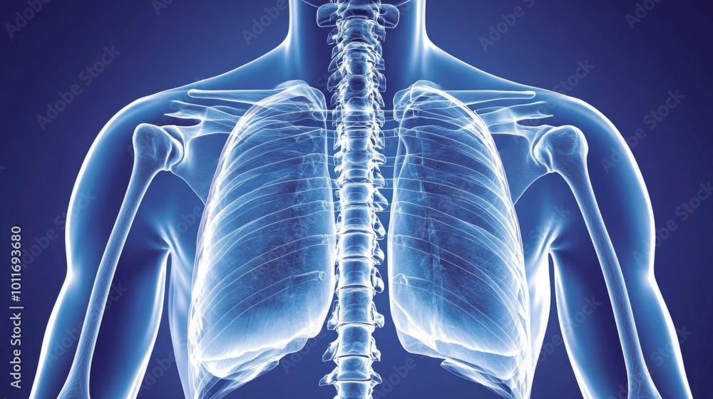 An X-ray image of the human thoracic cavity, showcasing the detailed ...