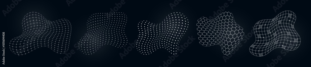 HUD futuristic distorted 3D elements surface grid set. Digital UI ...