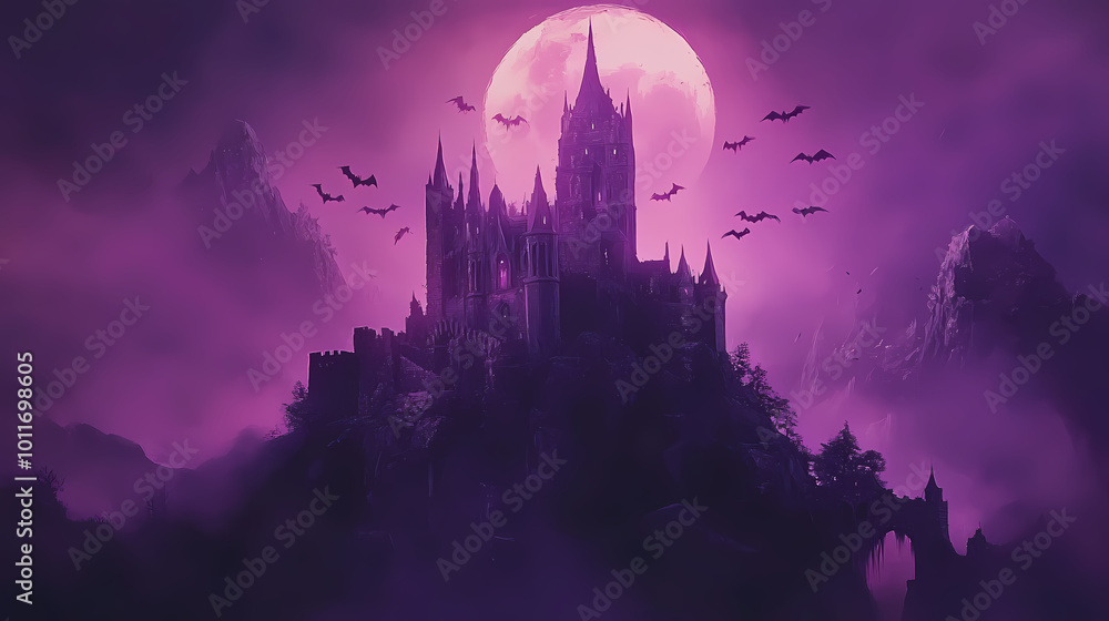 Spooky old medieval castle: ancient eerie castle on mountain, swarm of ...