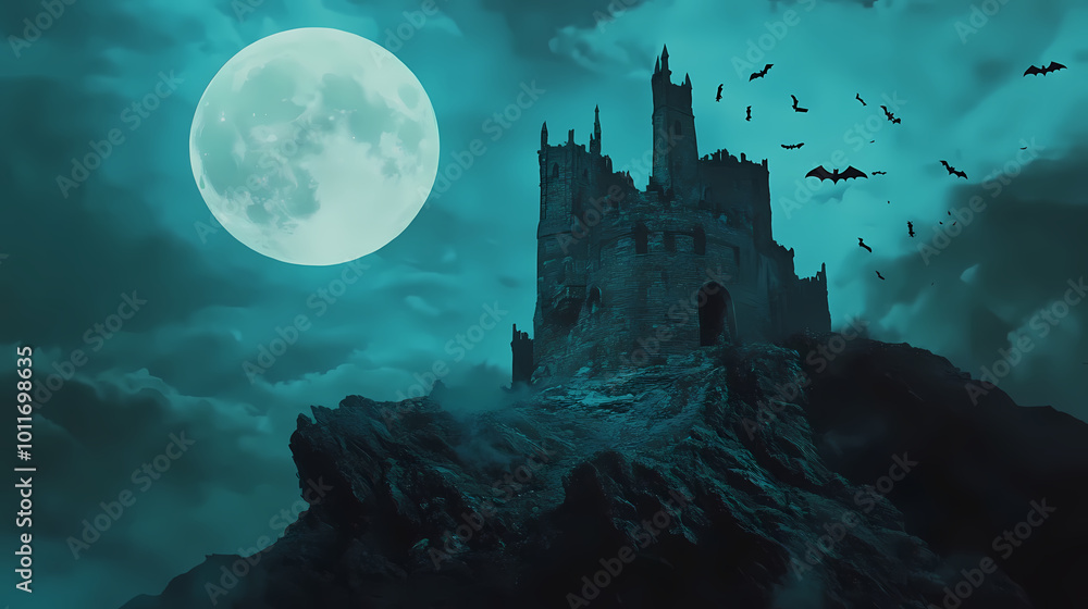 Spooky old medieval castle: ancient eerie castle on mountain, swarm of ...