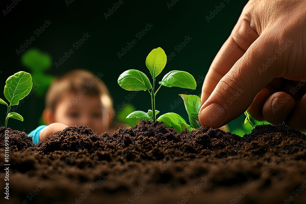 3D-rendered scene of a family planting trees together, with realistic ...