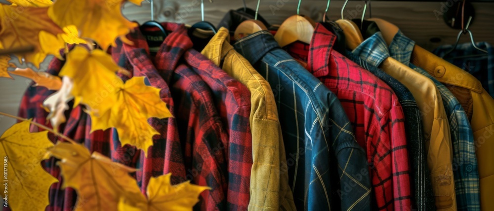 Colorful array of plaid shirts in a wardrobe, interspersed with fall ...