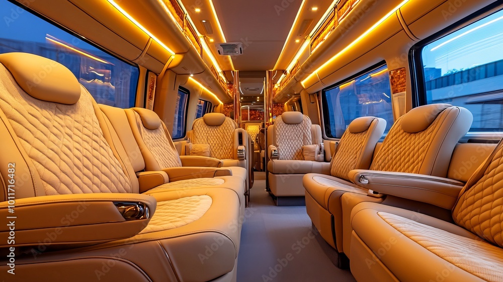This luxury coach bus features plush seating and large panoramic ...