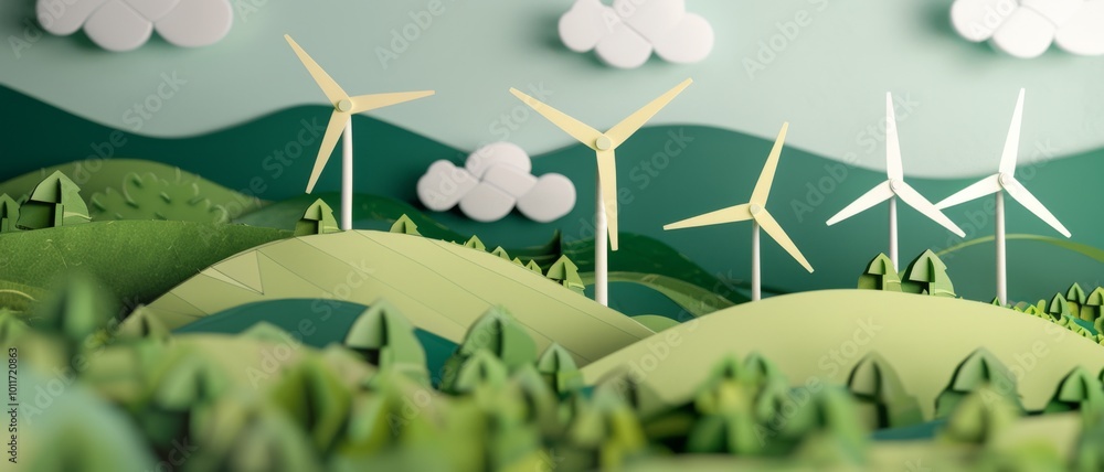 Paper-cut wind turbines dot a vibrant green landscape with fluffy ...