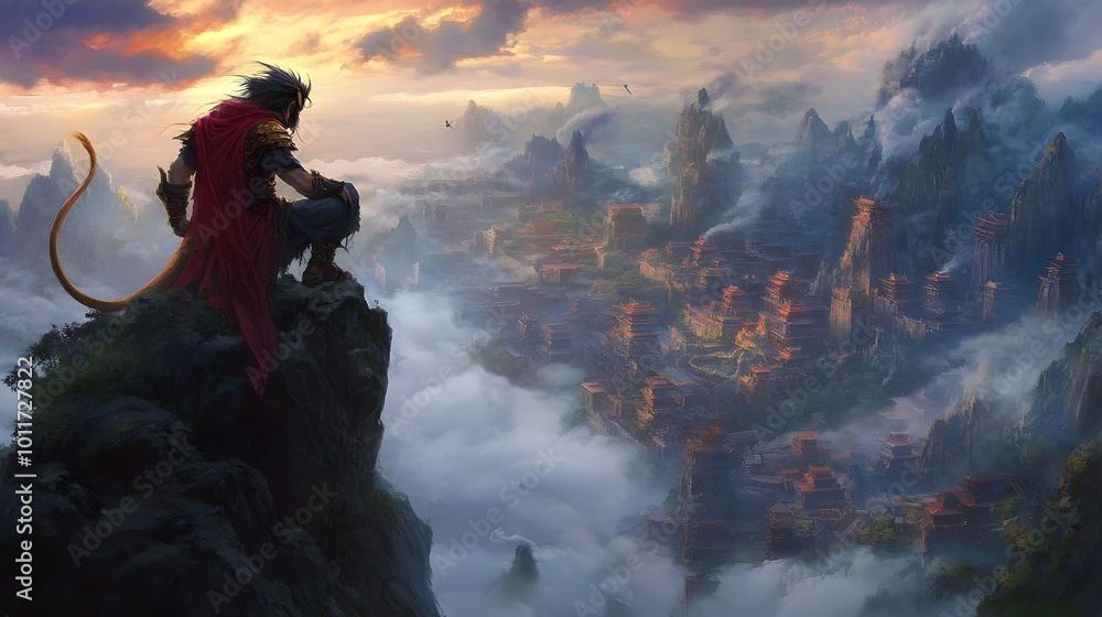 Sun Wukong on a mountain peak looking out over an ancient world filled ...