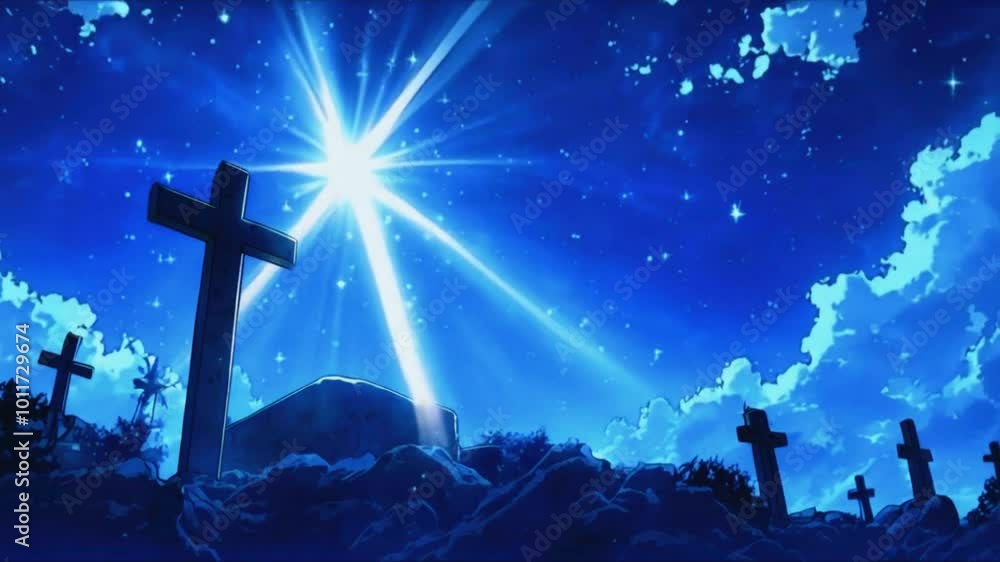 Jesus' tomb glows softly, gradually brighter as clouds and stars swirl ...