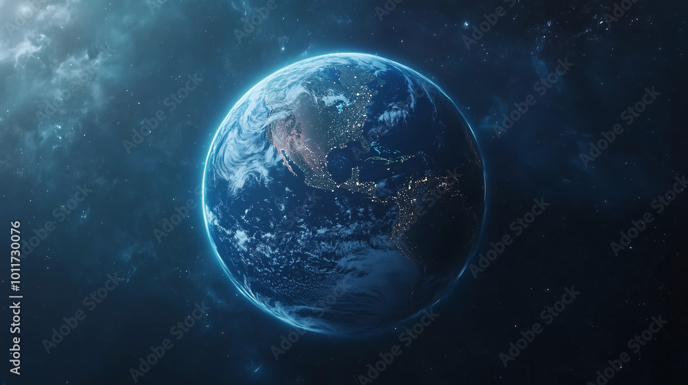 The serene beauty of planet Earth seen from space, with glowing cities ...